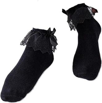 Generico Chaussettes cheville &agrave; volants en dentelle douce, chaussettes en coton r&eacute;tro pour femme (2 paires), Black 2, Taille Unique