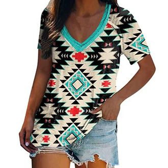 Janly T-shirts surdimensionn&eacute;s pour femmes T-shirt avec col en V Western Aztec Impression ethnique pour les loisirs Style d&eacute;t&eacute; Fille T-shirt dr&ocirc;le T-shirts 