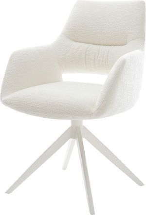 DELIFE Esszimmerstuhl Yago-Flex mit Armlehnen Kreuzgestell breit Wei&szlig; Boucl&eacute; Soft Beige 360&deg; drehbar Wippfunktion Taschenfederkern