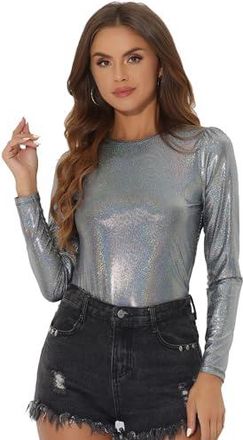 Allegra K Femme Fête Club Glitter Tops Manches Longues Bouffantes Métalliques Brillants de Noël pour Femme Noir Multicolore M