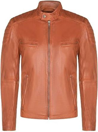 Infinity Leather Veste de Motard Marron en Cuir Rétro Matelassé Pour Hommes