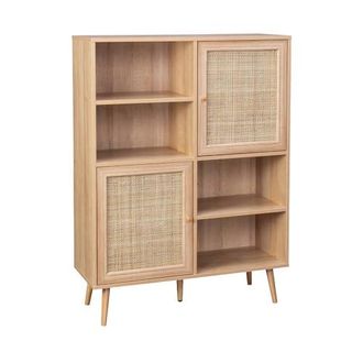 Sweeek Buffet de Rangement cannage et d&eacute;cor Bois. Buffet Haut. vaisselier. 2 Portes et 2 &eacute;tag&egrave;res Style boh&egrave;me 90cm