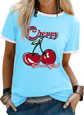 Dresswel Tshirt Damen Sweet Girl Cherry Druck Kurzarm T-Shirt Sommer Oberteile Tops Rundhals Bedruckte L&auml;ssig Tee Shirts