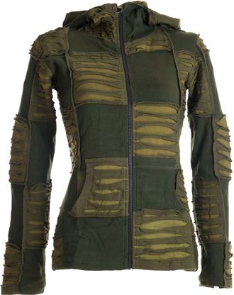 vishes Alternative Bekleidung - Damen Patchwork Jacke mit Cutwork und Zipfelkapuze olive 36