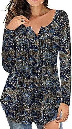 ORANDESIGNE Shirt Femme Fleurs Col en V été Casual Ample Grande Taille Manche Longue Tuniques Blouse Longue Chemisie Henri Hauts à Manches Courtes Tops Tee Shirt 