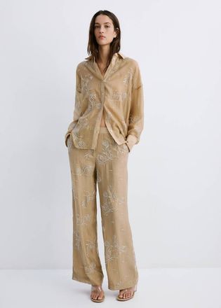Mango Pantalon en lyocell brod&eacute; beige - Femme - S - MANGO