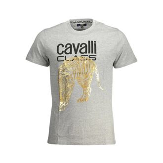 Cavalli Graues Baumwoll T-Shirt mit Logo-Druck - - Tops - Herren - Grau - XL