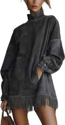 Generic Robe en daim confortable à col roulé avec ourlet à franges pour femme, mini robe vintage à manches longues pour lautomne, Noir, XXL