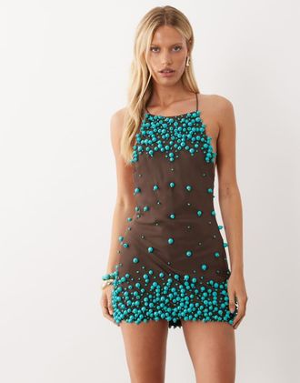 Asos Mini-H&auml;ngerkleid mit Bubble-Perlen in Schokobraun und T&uuml;rkis-Multi