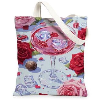 Generic Sacs fourre-tout en toile florale, motif coeur rose, sacs &agrave; provisions r&eacute;utilisables, sac &agrave; provisions printanier, vintage, l&eacute;ger, lavable avec bandou