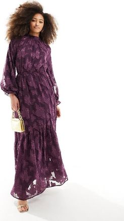 Asos Robe longue en jacquard &agrave; col montant et manches oversize - Prune-Violet