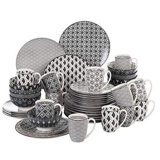 VANCASSO Haruka Service de table en porcelaine, 48 pi&egrave;ces, ronds, pour 12 personnes, comprend gobelets, bols, assiettes &agrave; dessert et assiettes plates