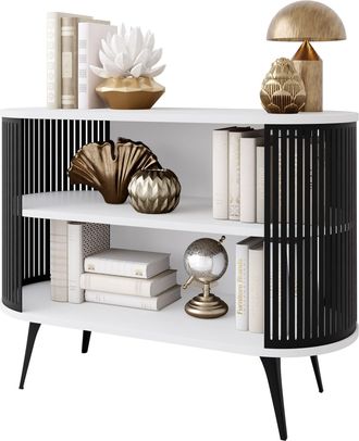 Mirjan24 Kommode mit Ablage Rajkon, Ovale Form, Beine aus Metall, Modernes Sideboard, Highboard, Anrichte, Mehrzweckschrank (Arktisches Weiß, Schwarz)