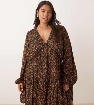 Nobody's Child Marley - Robe courte boh&egrave;me &agrave; fleurs avec col V - Fonc&eacute;-Multicolore