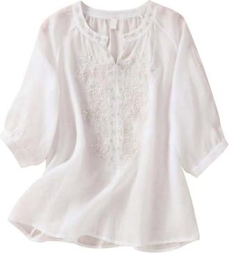 Generic Chemisier Coton et Lin Manches Courtes pour Femme Blouses Ample Col Rond Tunique D&eacute;t&eacute; Boh&egrave;me Folklore Vintage Broderie Top Hauts L&acirc;che Respirant T-Shi