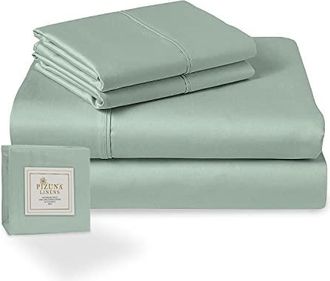 Pizuna Coton Peign&eacute; Parure de Lit 180x200 cm Complet Mousse de mer, 100% Coton Longue Dur&eacute;e 400 Fils Armure Satin Comprend 1 Drap Housse, 1 Drap Plat, 2 Taie