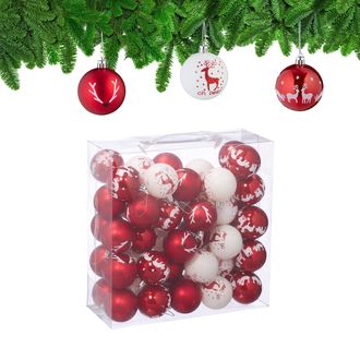 Relaxdays Weihnachtskugeln 50er Set, Kunststoff, Tannenbaumkugeln Rentier-Motive, Ø 6 cm, Weihnachtsbaumkugeln, rot/weiß