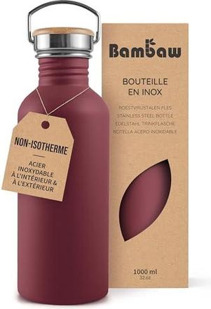 Bambaw Gourde Inox 1l, Gourde dEau Rouge, Gourde de Sport Non-Isotherme, Gourde Metal 1 Litre, Gourde Acier 1l, Gourde Randonn&eacute;e - Rouge Cerise