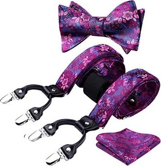 Hisdern Bretelles Homme 6 clips Brace ajustables élastiques Noeud papillon mouchoir