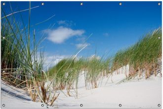 Wallario Outdoor-Poster f&uuml;r Garten oder Balkon D&uuml;ne am Strand unter blauem Himmel, Motivbanner Gr&ouml;&szlig;e: ca. 120 x 180 cm, Outdoor-Bild