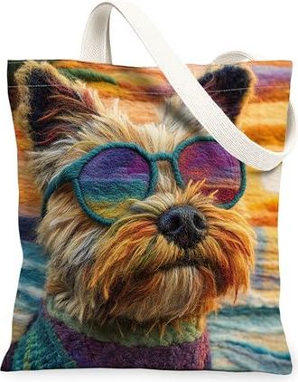 Generic Sac fourre-tout en toile motif chien cairn terrier d&eacute;t&eacute; 33 x 38,1 cm, sac r&eacute;utilisable &agrave; motif imprim&eacute; de chiot c&ocirc;tier pour femme, peinture esth&eacute;tique