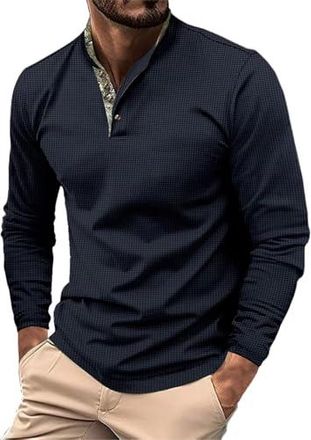 Generic Polos gaufr&eacute;s pour homme &agrave; manches longues - V&ecirc;tements de printemps - Couleur unie - Col montant boutonn&eacute; - Haut de golf pour homme - T-shirts athl&eacute;ti