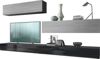 Vladon Wohnwand Nublo, Made in Germany, Anbauwand mit Rückwand mit 2 Klappen und 2 Sockelelementen, Korpus Schwarz matt, Fronten Schwarz Hochglanz und Avola-