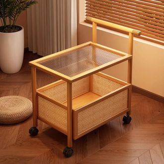 Generic K&uuml;chenwagen, zweist&ouml;ckiger Bambuswagen mit Armlehnen, mobiler Servierwagen mit 360&deg;-R&auml;dern, rustikaler brauner Beistelltisch f&uuml;r Wohnzimmer, B&uuml;ro und 