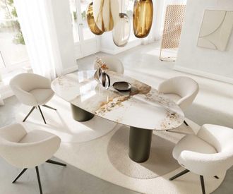 DELIFE Esstisch Edge Oval 220x120 Keramik Minas Melange Wei&szlig;-Beige Troa Metall Effektfinish Titan, Esstische