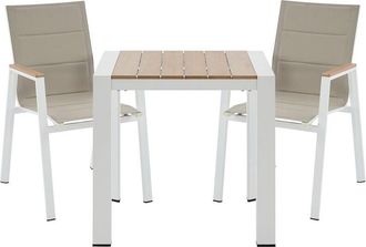 Vente-Unique Salle &agrave; manger de jardin en aluminium : une table L.80 cm et 2 fauteuils empilables - Naturel clair et blanc - LIOUS de MYLIA