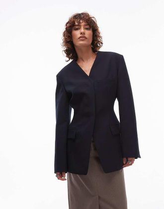 Asos High Break Point - Blazer cintr&eacute; sans col - Bleu marine