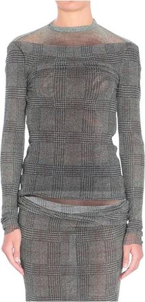 Jean Paul Gaultier Femme, Tops, Gris, Taille: 40 FR Sheer Plaid Mock Neck Long Sleeve Top