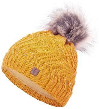 Faera M&uuml;tze Damen Winterm&uuml;tze warm gef&uuml;ttert mit Kunstfell Bommel Bommelm&uuml;tze Fleecefutter Winter Strickm&uuml;tze Beanie, Farbe:Senf