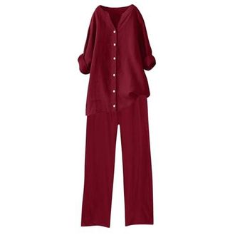 Generic Surv&ecirc;tement deux pi&egrave;ces pour femme en lin d&eacute;contract&eacute; &agrave; col rond et manches 3/4, pantalon &agrave; jambe large avec poches, v&ecirc;tement de d&eacute;tente pour femme, p
