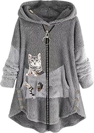 ORANDESIGNE Sweat &agrave; Capuche Femme Chat Pull Polaire Chaude Grande Taille Long Hoodie Sweatshirt Veste Chic Hiver Fourrure Sweat-Shirt Jacket Ample Chandail Pullov