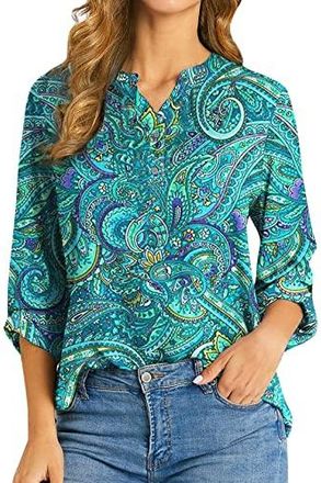 Generic Robes boh&egrave;mes pour femmes, t-shirts &agrave; motif floral, hauts d&eacute;contract&eacute;s, col boutonn&eacute;, chemisiers, t-shirt &agrave; manches longues, Vert, XXL