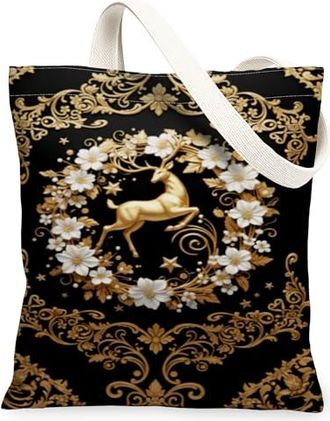 Generic Sacs fourre-tout en toile de No&euml;l motif cerf et fleur, r&eacute;utilisables, vintage, lin, l&eacute;ger, lavable, noir, 13x15 Inch