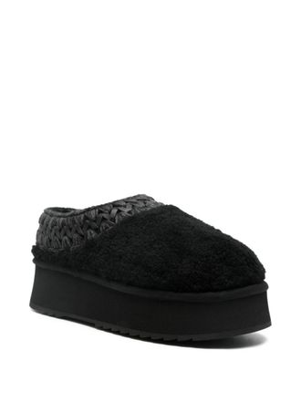 Mou Womens Platform Clog Curly Sheepskin Sabot Black Shoe