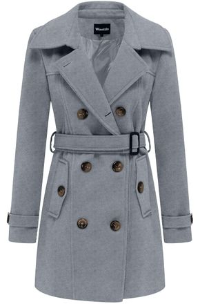 Wantdo Damen Winterdicke Jacken Warme Winddicht Jacke Wollmischung Erbsenm&auml;ntel Zweireihige Mittellange M&auml;ntel Slim Fit Cabanjacke mit Schulterklappen Grau 3