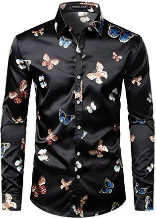 PARKLEES Chemise boutonnée décontractée de luxe en satin pour homme pour fête de mariage, Cl15-noir, S