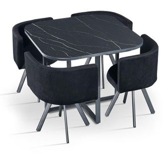 Menzzo Table carr&eacute;e 90cm avec 4 chaises gain de place Oslo Effet marbre noir et Velours Noir