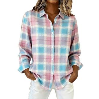 Generic Chemise d&eacute;contract&eacute;e &agrave; carreaux pour femme - Couleur contrast&eacute;e - Automne et hiver - Imprim&eacute; &agrave; carreaux - Chemisier &agrave; carreaux pour femme, bleu clair,