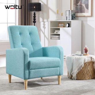 Woltu Woltu - Fauteuil Salon Fauteuil Relax, Fauteuil Scandinave en Lin, avec Accoudoirs et Dossier Haut, Pieds en Bois Massif, Bleu