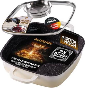 STONELINE Po&ecirc;le &agrave; Servir carr&eacute;e 20x20 cm, avec Couvercle Aromatique, Compatible &agrave; linduction et au Four, Rev&ecirc;tement Antiadh&eacute;sif avec de vraies particules de pie