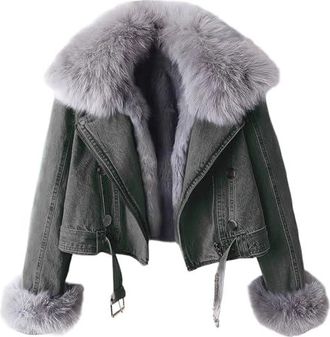 Generic Veste en jean &eacute;paisse avec doublure en fausse fourrure de lapin pour femme - Manteau dhiver doux et amovible, gris fonc&eacute;, 3XL