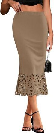 Zeagoo Jupe longue élégante pour femme - Taille haute - Élastique à la taille - Couleur unie - Jupe décontractée - Automne, kaki, S