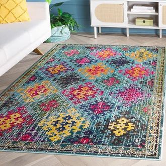 Safavieh Tapis Boho Pour Salon, Salle à manger, Chambre à coucher - Monaco Collection, Tapis à poil court, Bleu et Multi, 122 X 170 cm