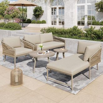 STILVORA Salon de Jardin avec 1 Canap&eacute; 2 Places, 1 Banquette, 1 Fauteuil, 2 Tables, Modulaire, avec Coussins, pour Terrasse, Fer, Kaki