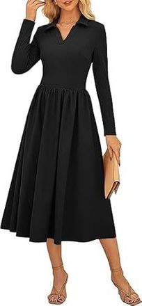 Kate Kasin Robe midi en maille c&ocirc;tel&eacute;e pour femme, manches longues, col en V, taille &eacute;lastique, coupe trap&egrave;ze, robe d&eacute;glise, Noir, XL