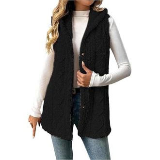 Generic Vestes dext&eacute;rieur &agrave; capuche en polaire boutonn&eacute;e pour femme, gilet long en polaire doux et confortable avec boutons, Noir, XXL
